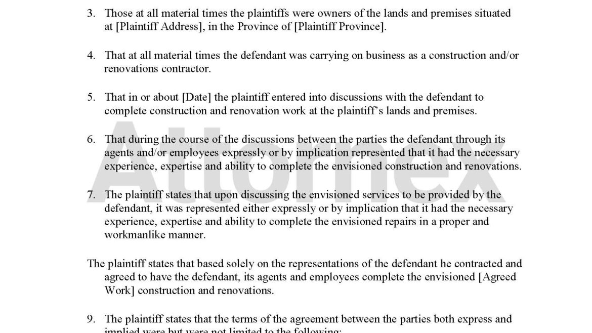 Plaintiff Claim for Home Renovation and Property Damage - Attornex