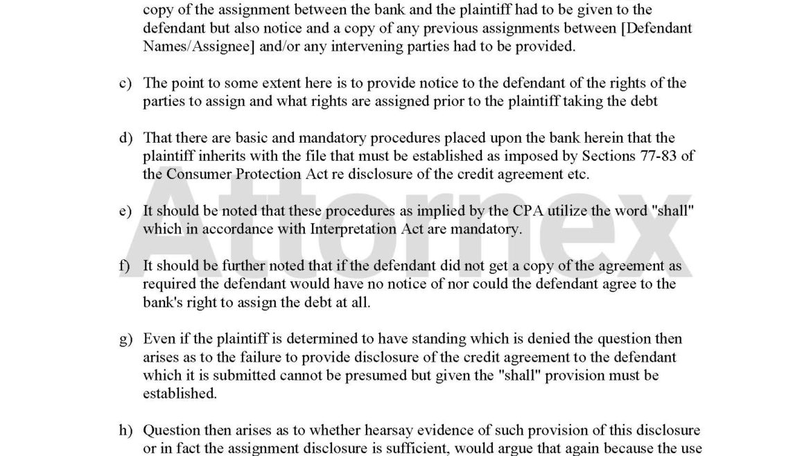 Settlement Conference Memorandum for Assignment of Debt - Attornex