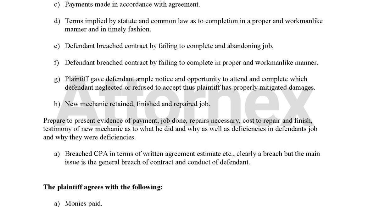 Settlement Conference Memorandum for Mechanic Failed Repairs - Attornex